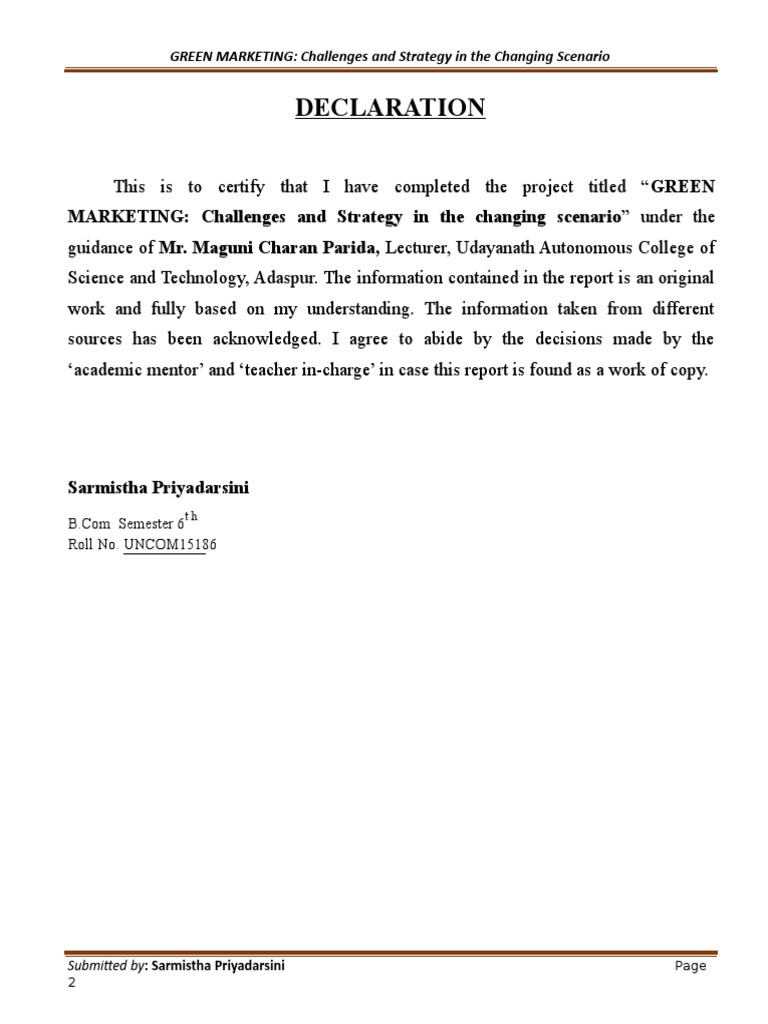 Declaration: MARKETING: Challenges and Strategy in The Changing ...