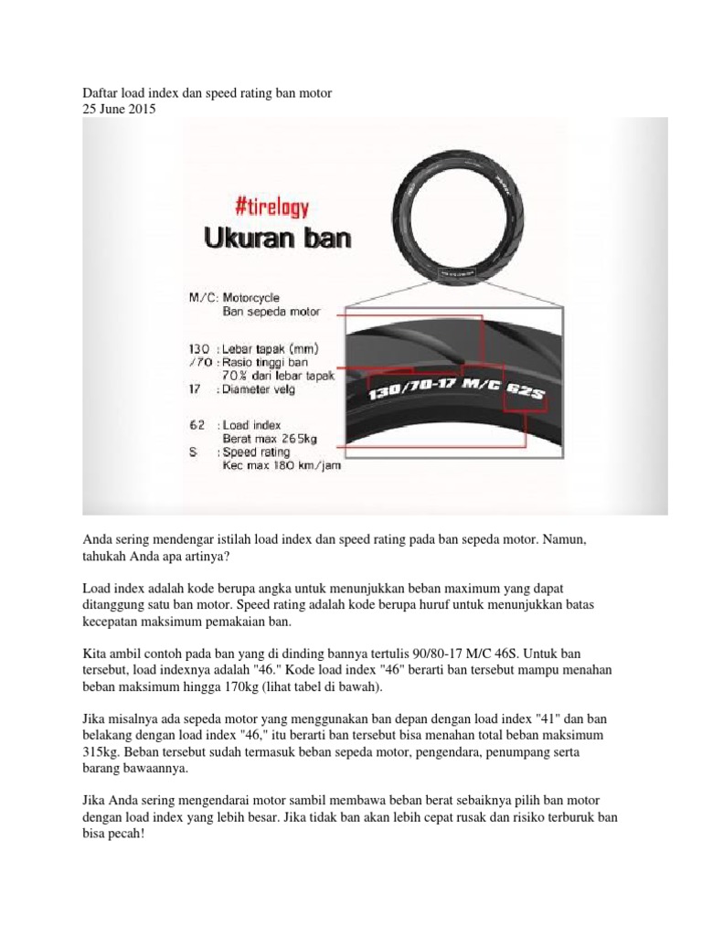 Daftar Load Index Dan Speed Rating Ban Motor | PDF