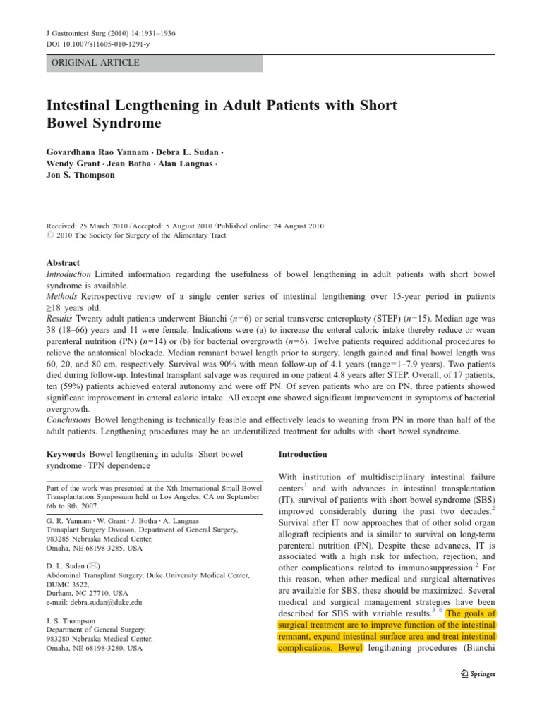 Adult Short Bowel Syndrome: Intestinal Lengthening Outcomes | PDF ...