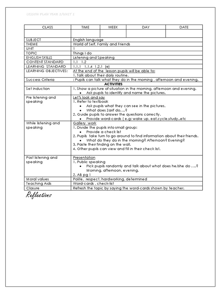 Reflections: Lesson Plan Year 2/unit 1 | PDF | Lesson Plan | English ...