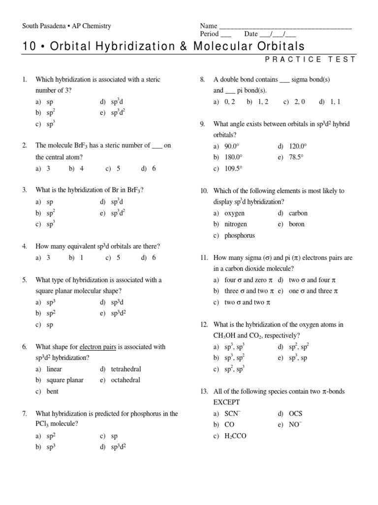 AP Chemistry Hybridization Practice Test | PDF | Molecular Orbital | Boron