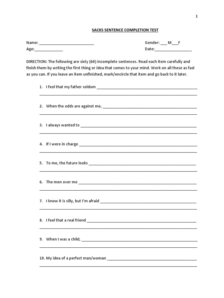 Sacks Sentence Completion Test | PDF | Father | Interpersonal Relationships