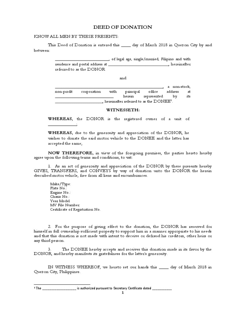 Sample Deed of Donation (Vehicle) | Deed | Natural Resources Law