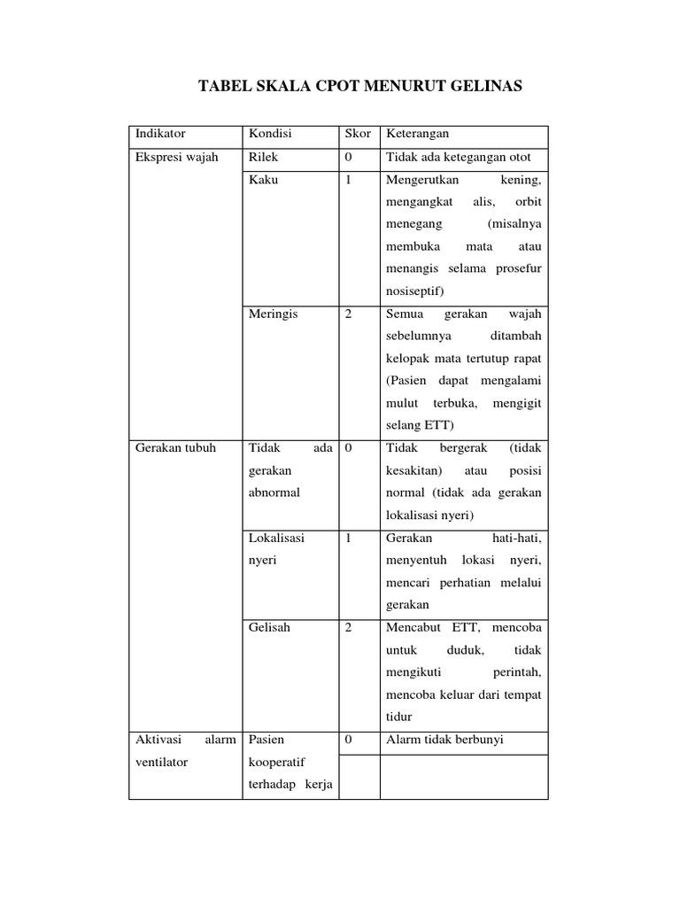 Tabel Skala Cpot Menurut Gelinas | PDF