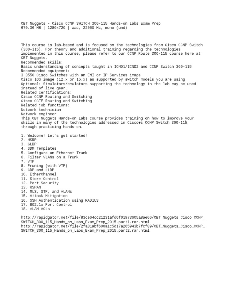 CBT Nuggets - Cisco CCNP SWITCH 300-115 Hands-On Labs Exam Prep | Download Free PDF | Network ...