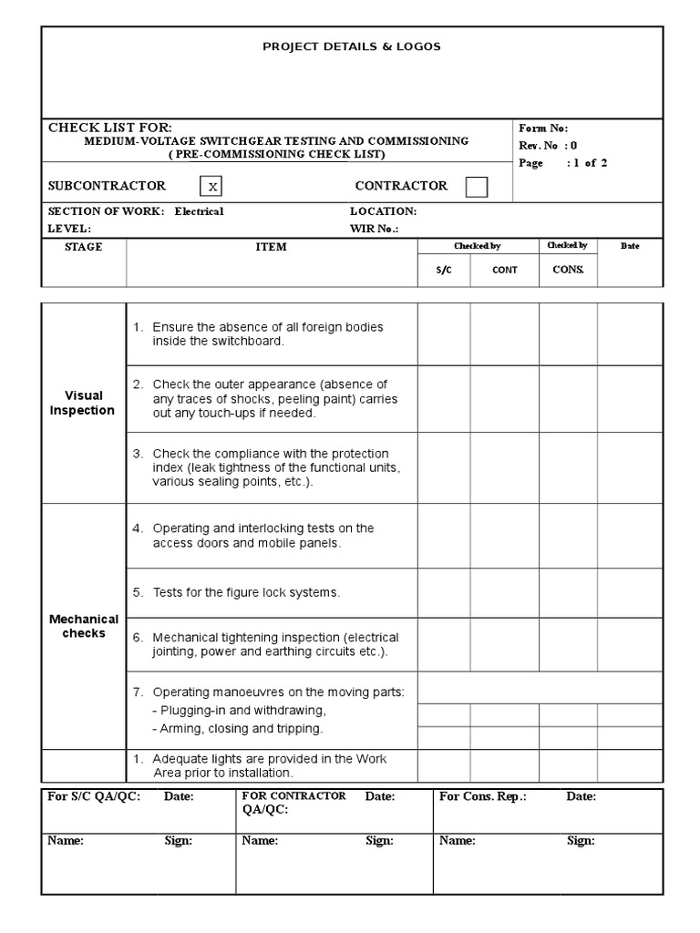 Check List For Pre Commissioning of MV Switchgear | PDF