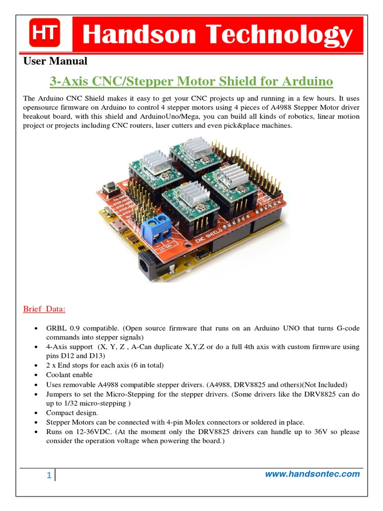 Handson Technology: 3-Axis CNC/Stepper Motor Shield For Arduino | PDF ...