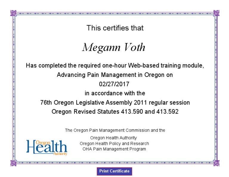 Oregon Pain Management Training Certificate | PDF