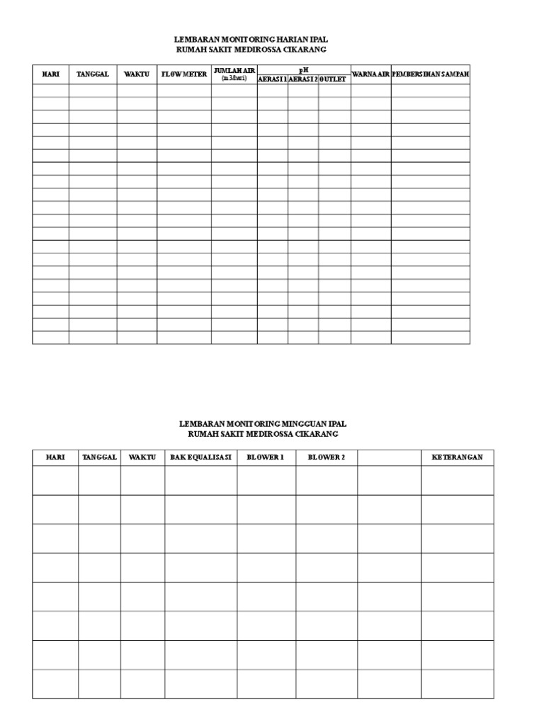 Lembaran Monitoring Harian Ipal Rumah Sakit Medirossa Cikarang