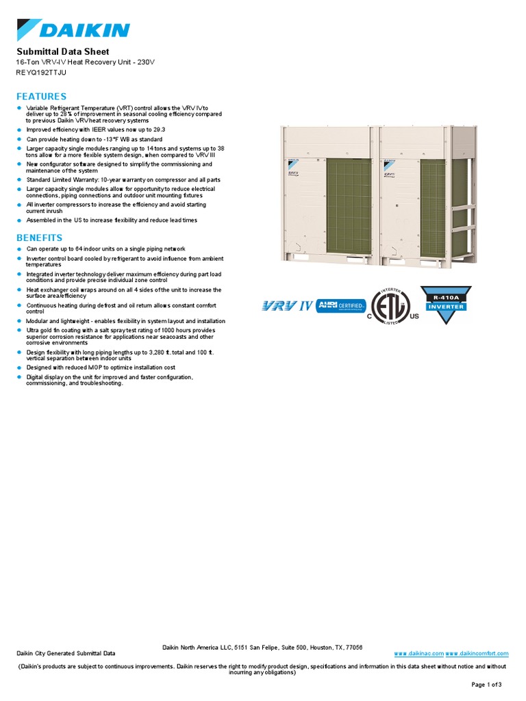 Features: Submittal Data Sheet | PDF | Hvac | Air Conditioning