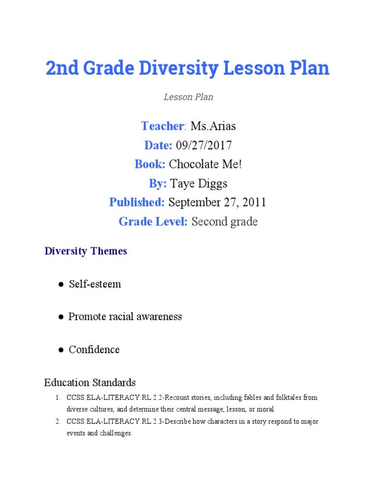 2nd Grade Diversity Lesson Plan: Teacher Date: Book: By: Published ...