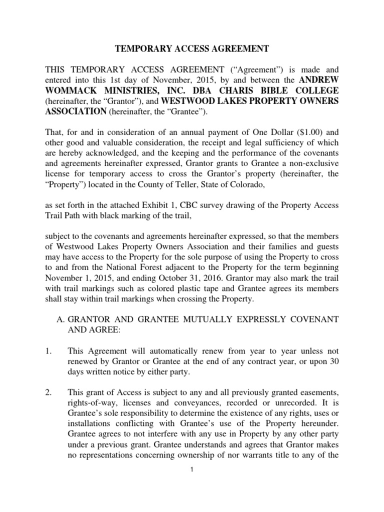 Temporary Access Agreement | Download Free PDF | Covenant (Law) | Indemnity