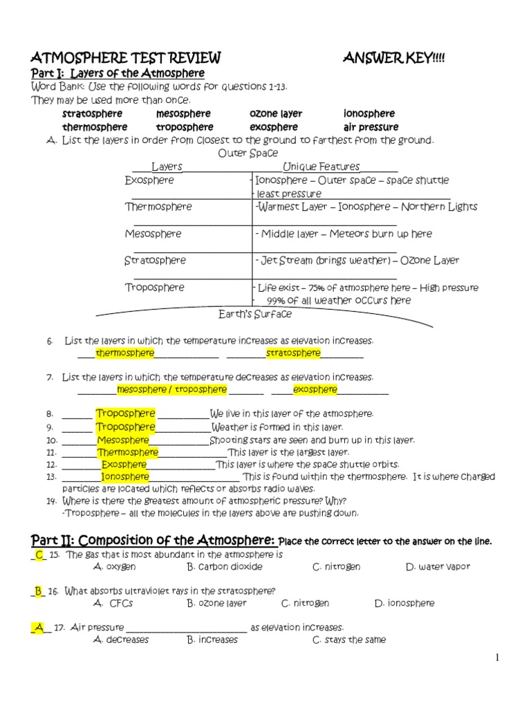 Review Atmosphere Test Answers 11-12 | PDF | Atmosphere Of Earth ...