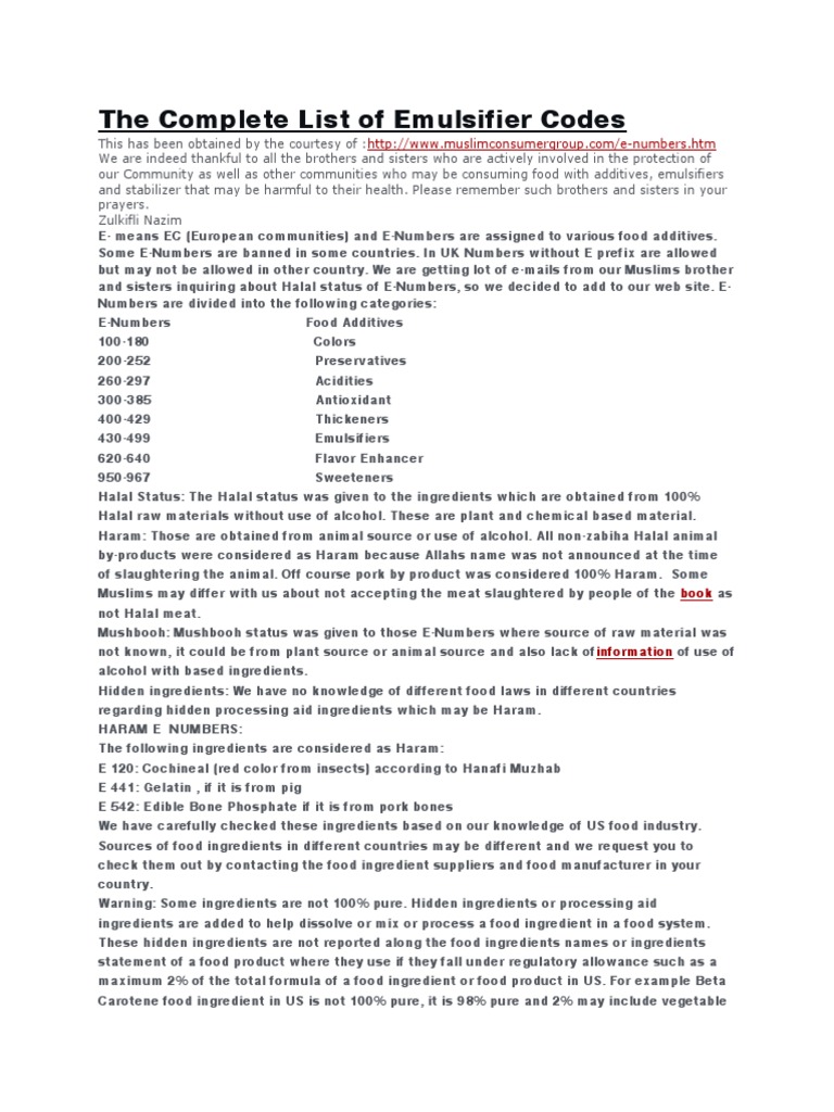 Halal Status of Emulsifier Codes | PDF | Salt (Chemistry) | Food Industry