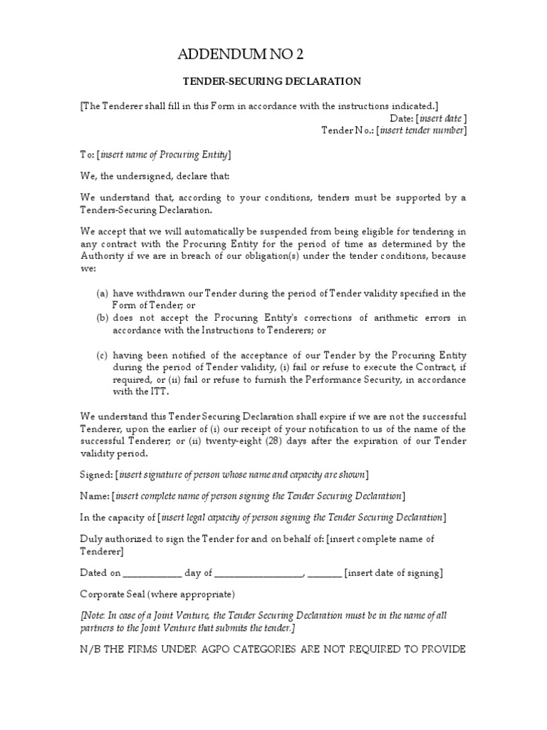 Addendum No 2: Tender-Securing Declaration Form | Virtue | Private Law