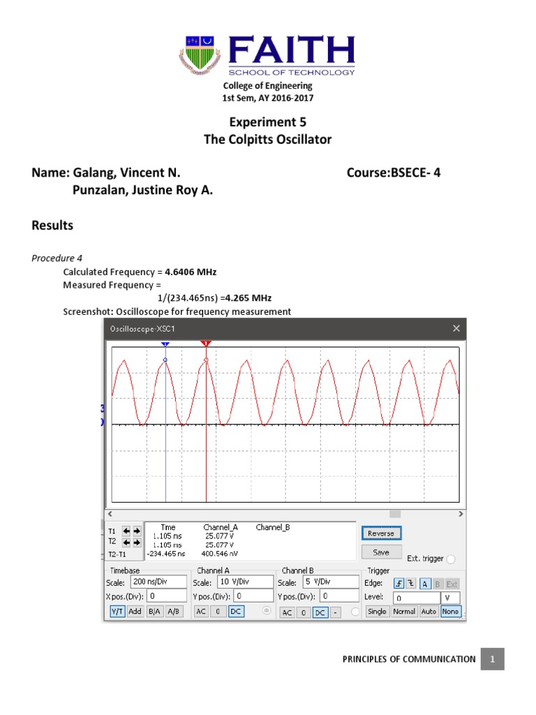 Experiment 5 The Colpitts Oscillator Name: Galang, Vincent N. Course ...