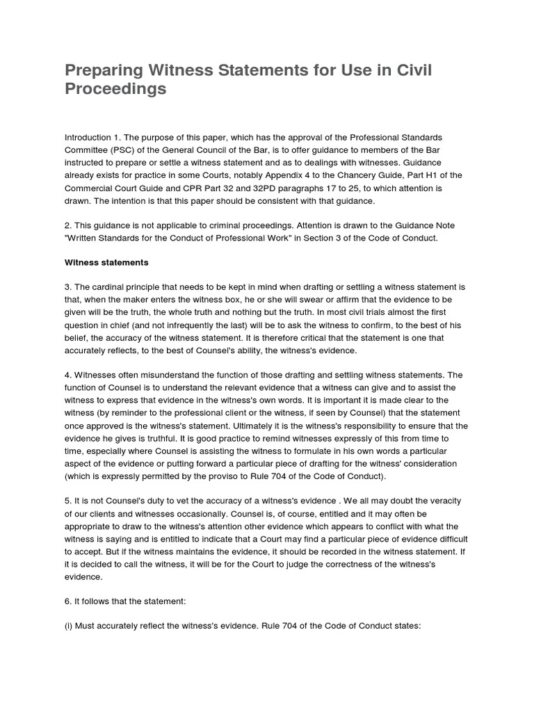 Civil Witness Statement Guidelines | PDF | Barrister | Witness