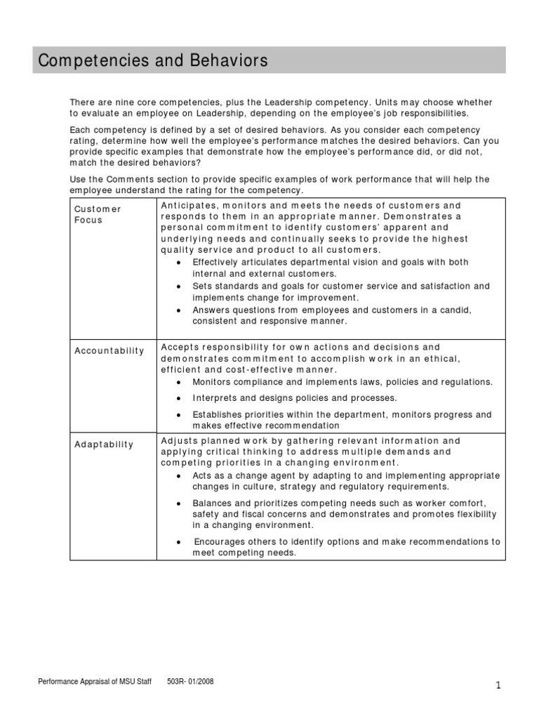 Competencies and Behaviors: Performance Appraisal of MSU Staff 503R-01/ ...