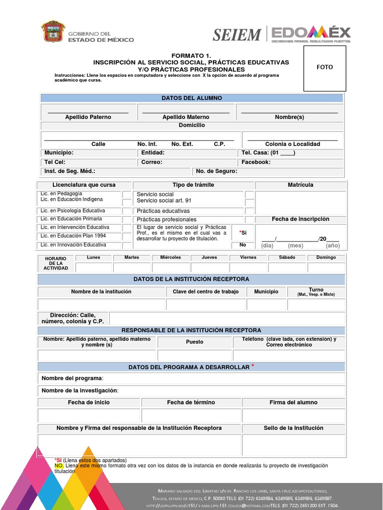 Formato 1. Inscripción Al Servicio Social, Prácticas Educativas Y/O Pràcticas Profesionales ...