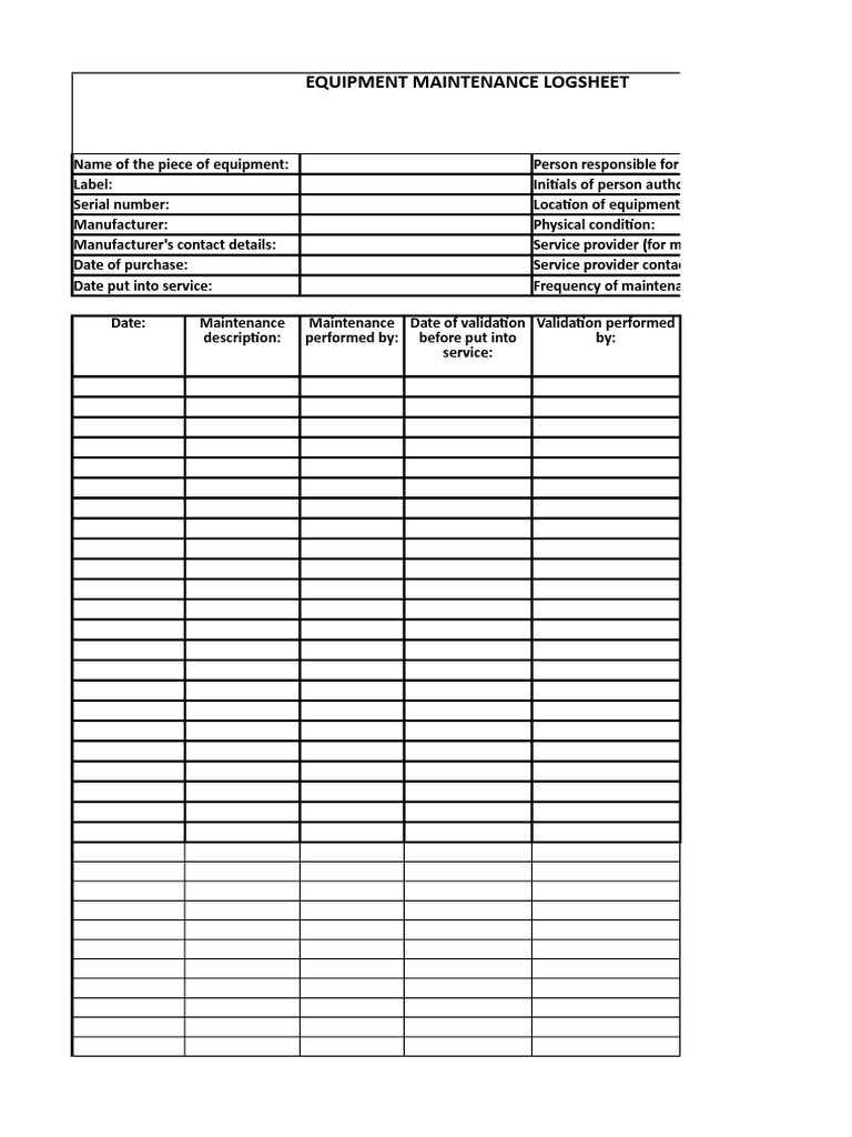 Equipment Maintenance Log Template | PDF | Technology & Engineering