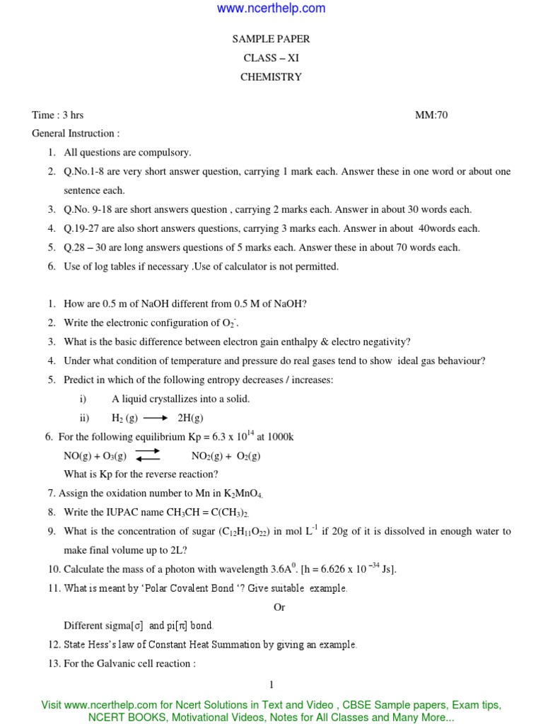 Cbse Sample Papers For Class 11 Chemistry Download PDF | PDF | Applied ...