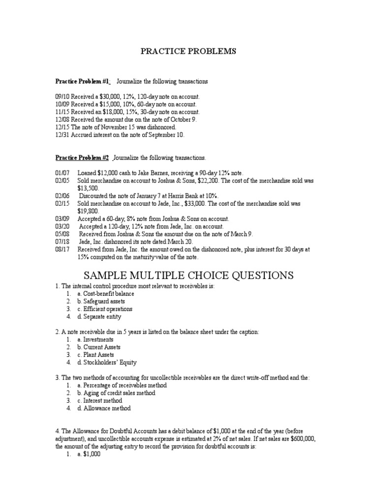 Chapter 7 Practice Problems | PDF | Bad Debt | Debits And Credits