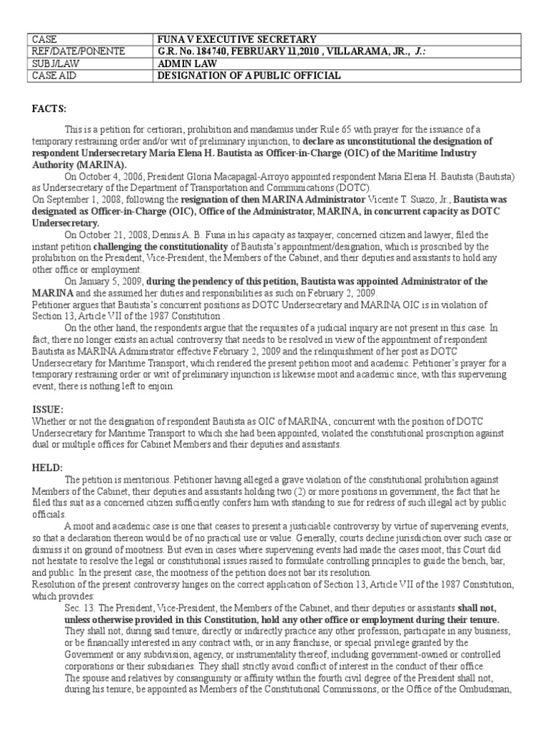 Funa V Executive Secretary | PDF | Mootness | Writ Of Prohibition