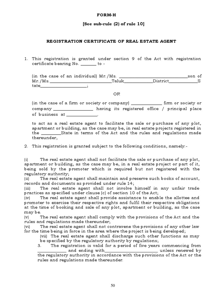 Registration Certificate of Real Estate Agent Form H | PDF | Law Of ...