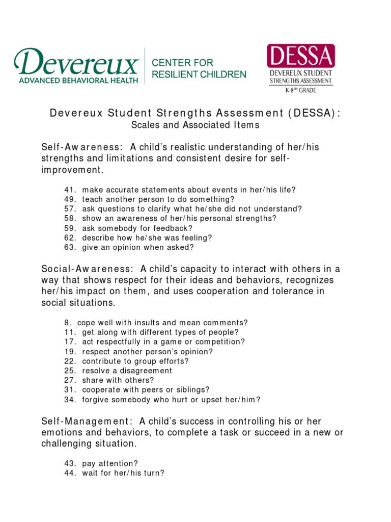 Devereux Student Strengths Assessment (DESSA): Scales and Associated ...