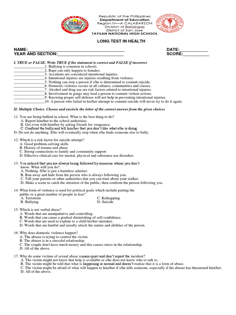 Long Test in Health NAME: - DATE: - YEAR AND SECTION: - SCORE | PDF ...