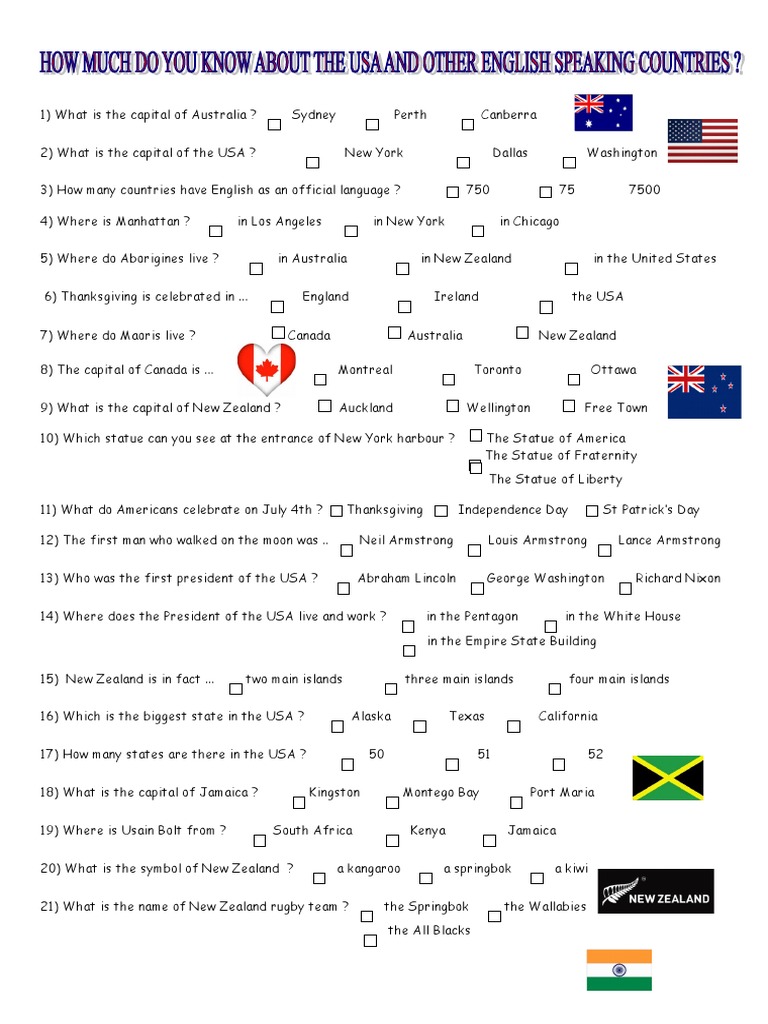 English-Speaking Countries Quiz | PDF | South Africa National Rugby ...