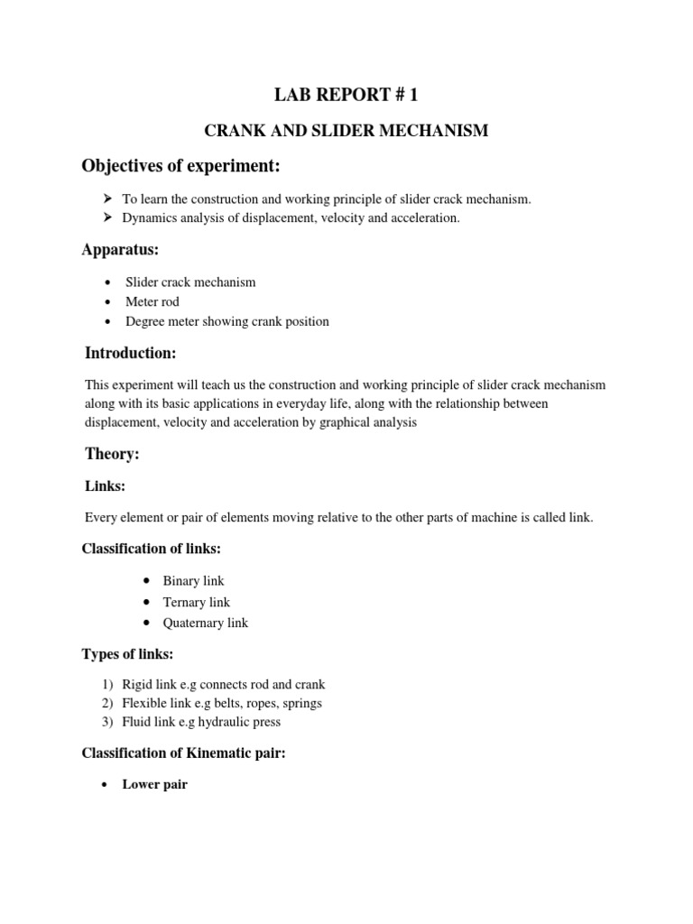Lab Report # 1: Crank and Slider Mechanism | PDF | Kinematics | Velocity