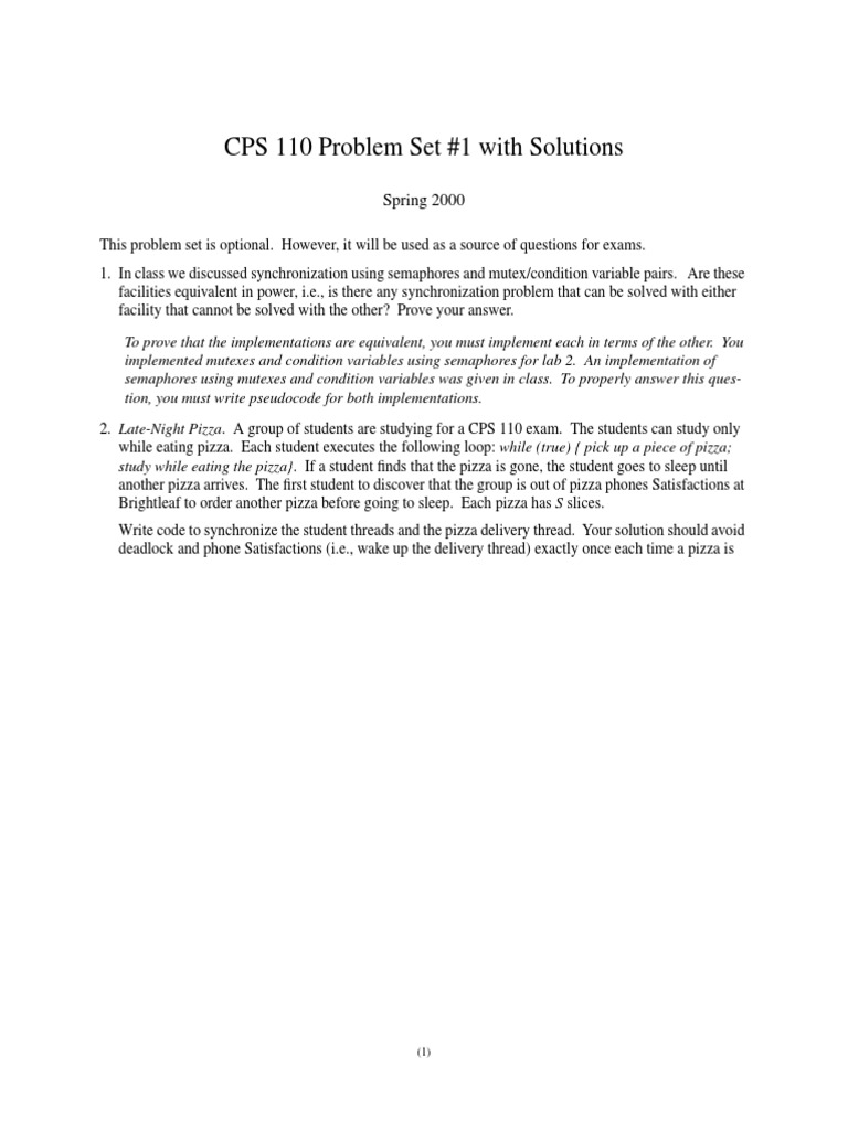CPS 110 Problem Set #1 Solutions Spring 2000 | PDF | Thread (Computing) | Kernel (Operating System)