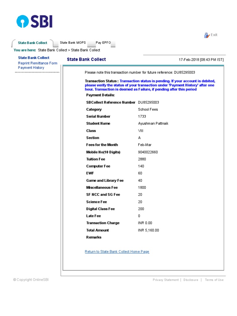State Bank Collect Reprint Remittance Form Payment History | PDF | Fee ...