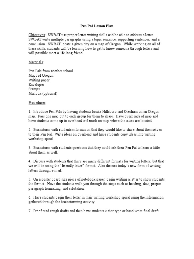 Pen Pal Lesson Plan | PDF | Envelope | Lesson Plan