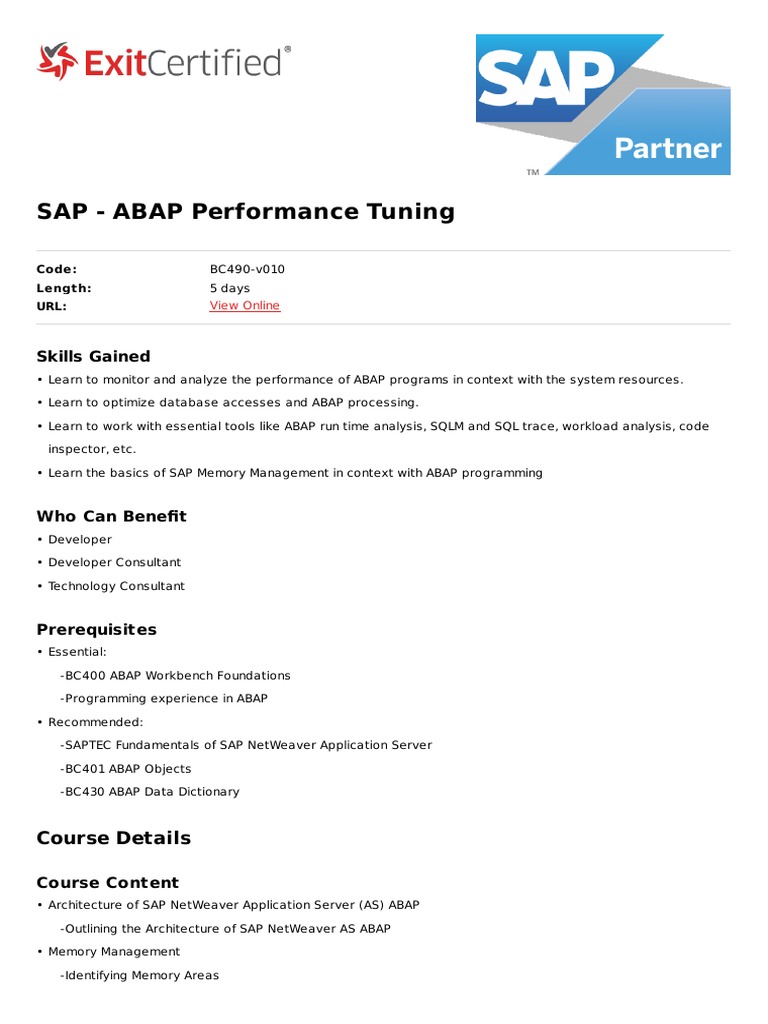 SAP - ABAP Performance Tuning: Skills Gained | PDF | Databases | Data