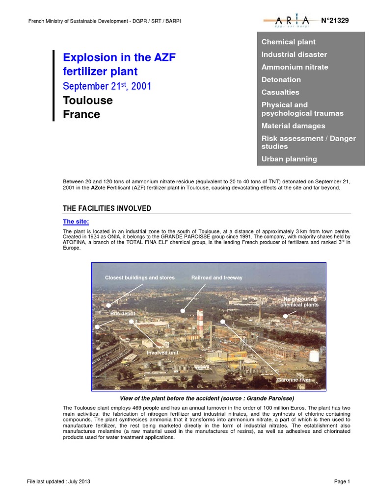 September 21, 2001: Explosion in The AZF Fertilizer Plant | PDF ...