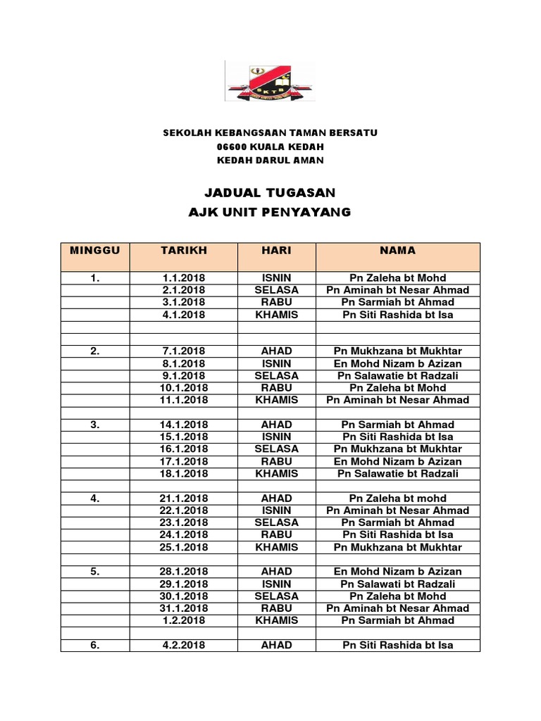 Jadual Tugasan Ajk Penyayang | PDF