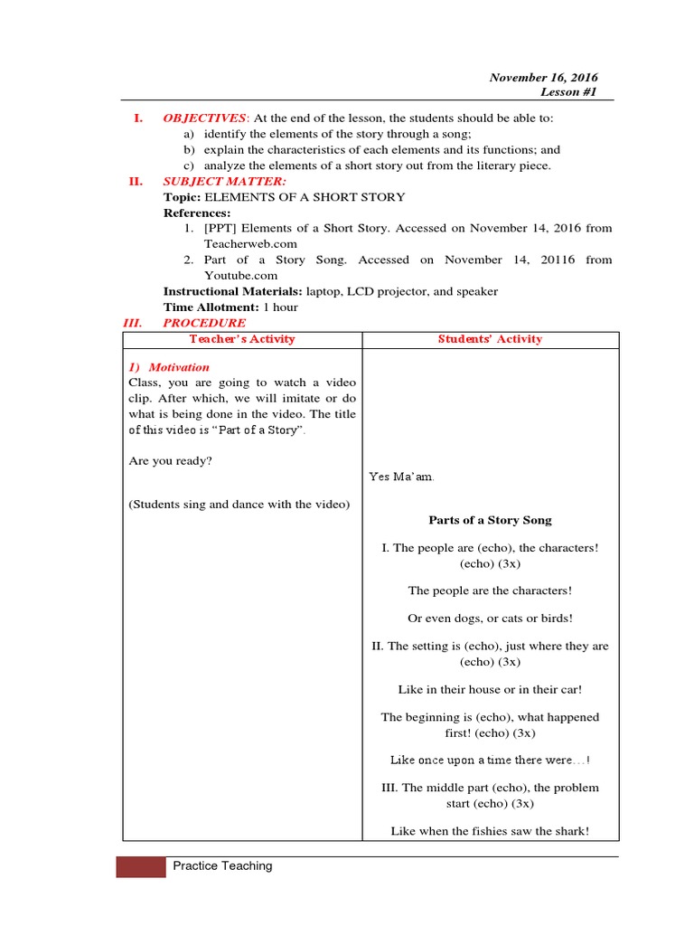 Objectives:: Topic: Elements of A Short Story References | PDF | Plot ...