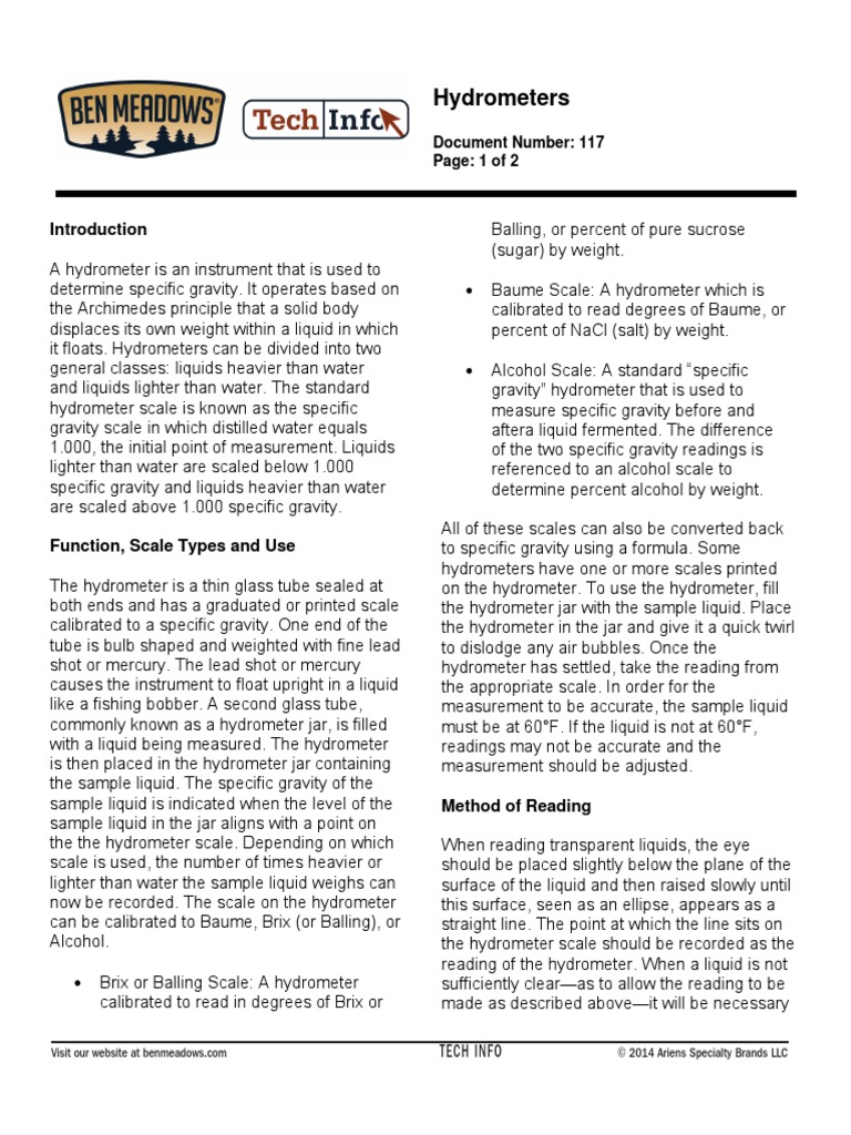 Hydrometers: Document Number: 117 Page: 1 of 2 | PDF | Scientific Observation | Physical Sciences
