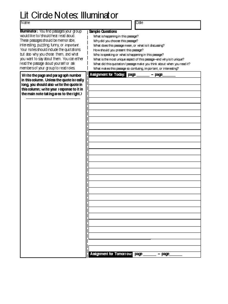 Lit Circle Notes: Illuminator: Assignment For Today | PDF | Question