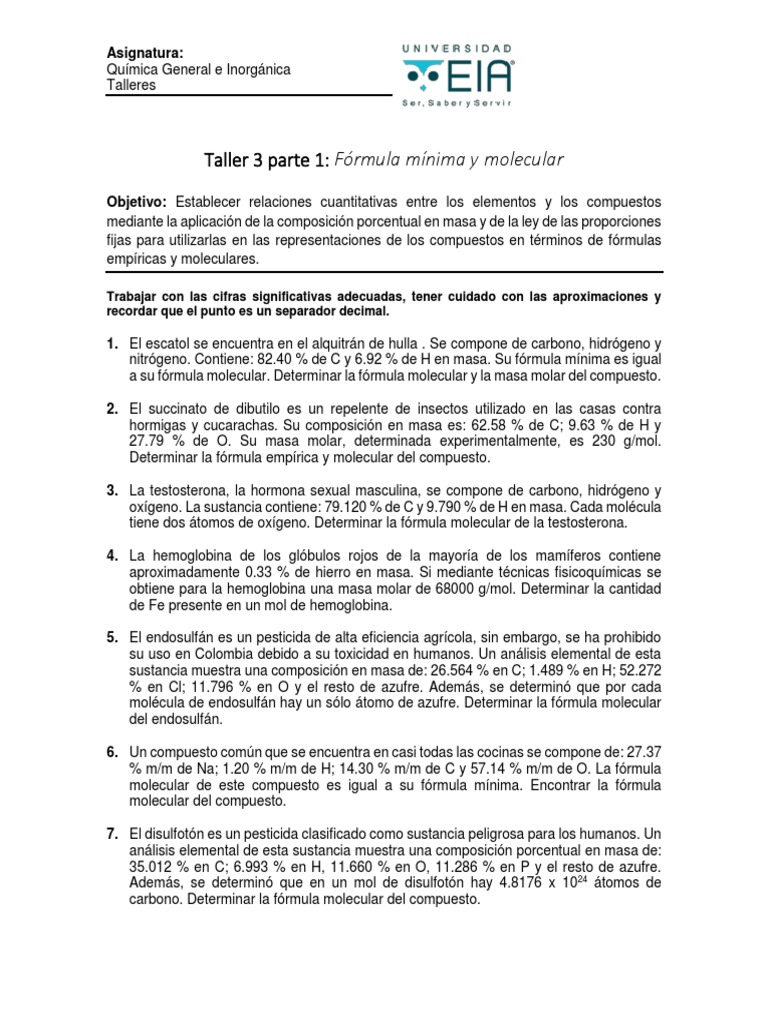 Taller 3 - Química Eia | PDF | Moléculas | Oxígeno