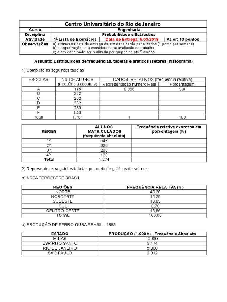 Primeira Lista de Exercicios - 2 | PDF | Histograma | Ensino de Matemática