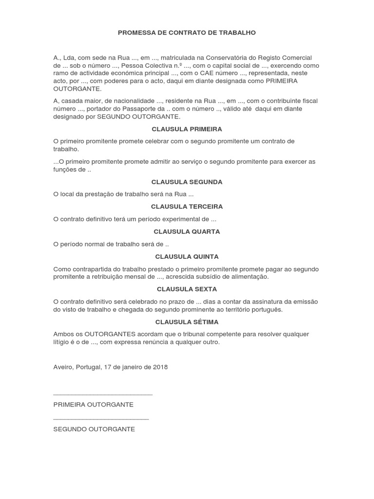 Promessa de Contrato de Trabalho para Portugal Modelo