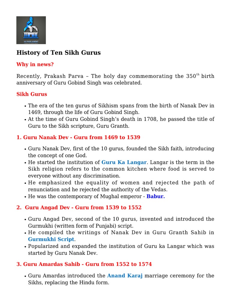 History of the Ten Sikh Gurus | PDF | Guru Granth Sahib | Guru Nanak