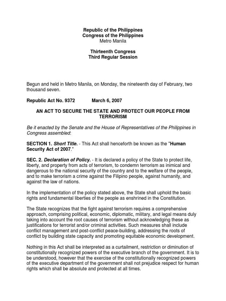 Human Security Act of 2007 Overview | PDF | Arrest | Detention ...