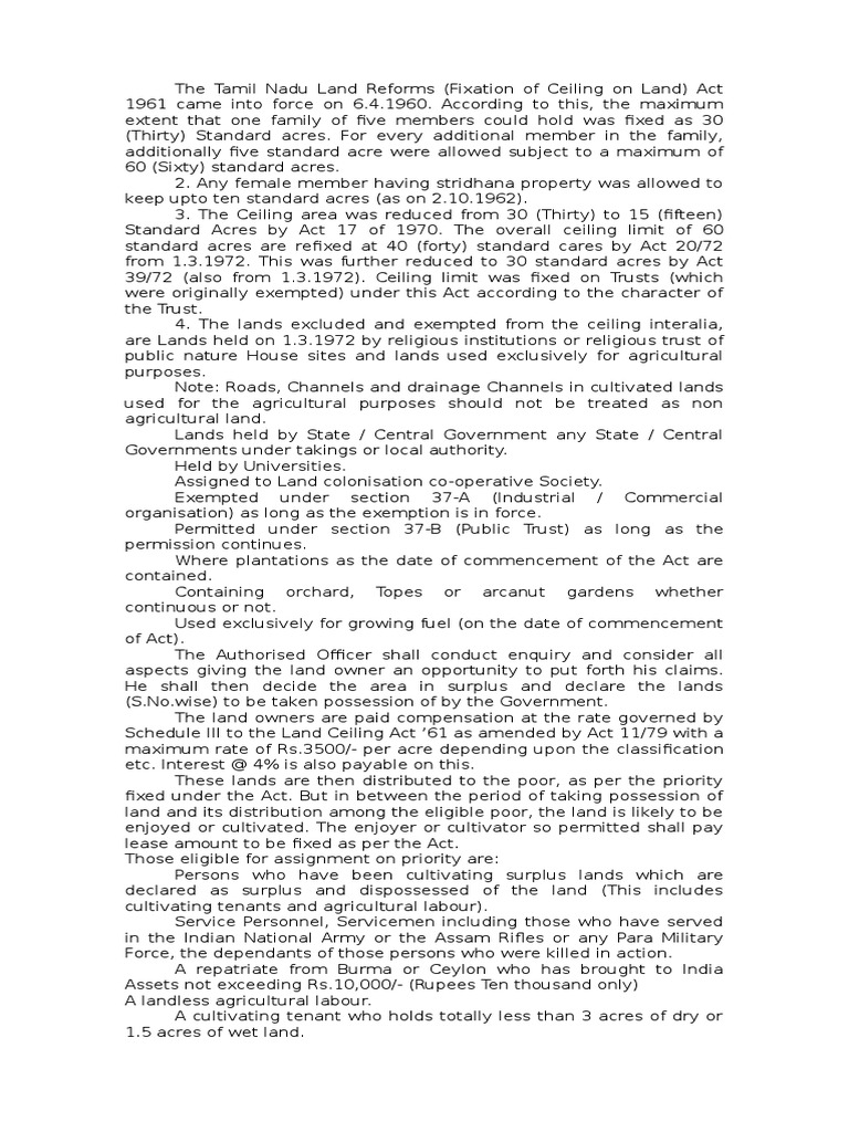 Tamil Nadu Land Ceiling Act 1961 Overview | PDF | Agriculture | Government