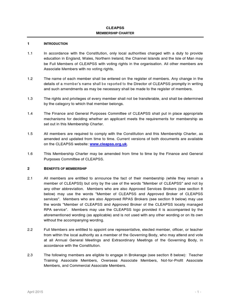 CLEAPSS Membership Charter PDF | PDF | Fee | Constitutional Amendment