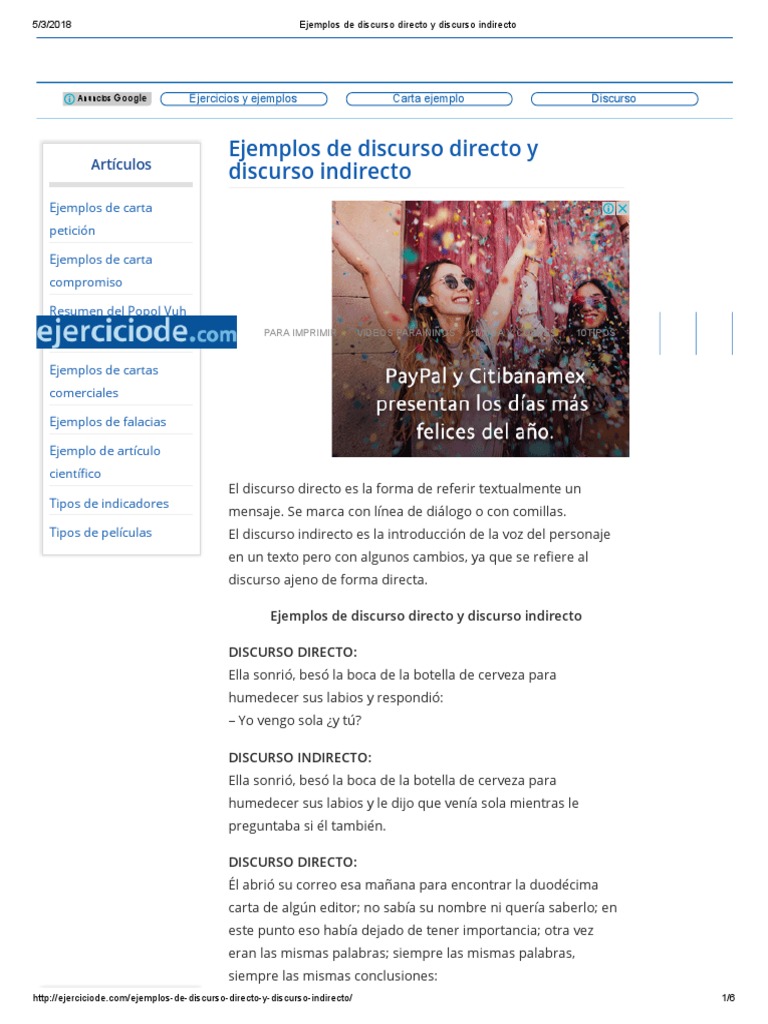 Ejemplos de Discurso Directo y Discurso Indirecto | PDF | Comillas