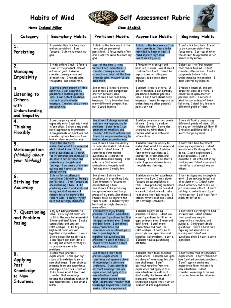 Habits of Mind Self Assessment 1 | PDF | Senses | Thought